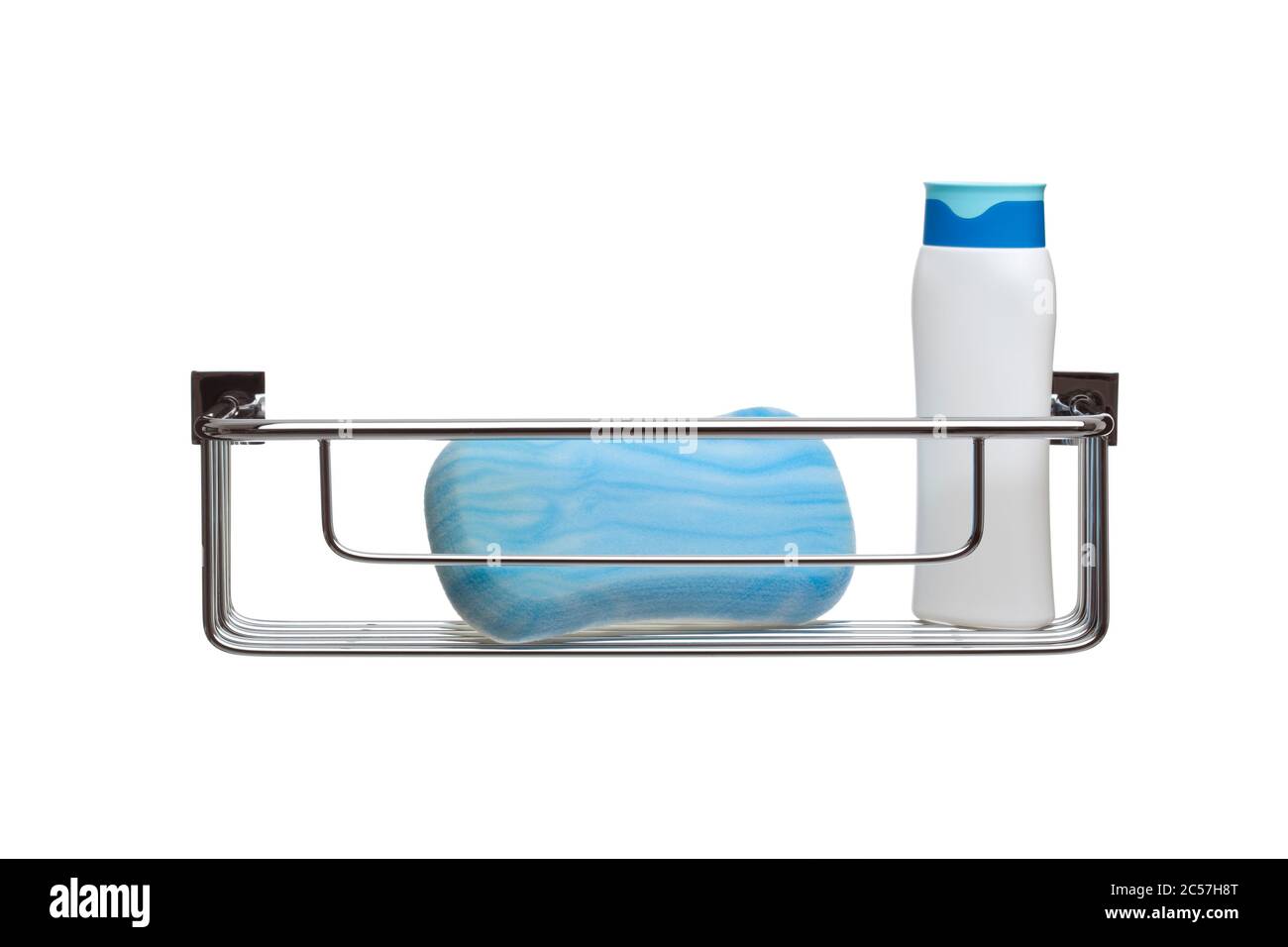 Hair shampoo bottle and sponge in chrome rack isolated on white ...