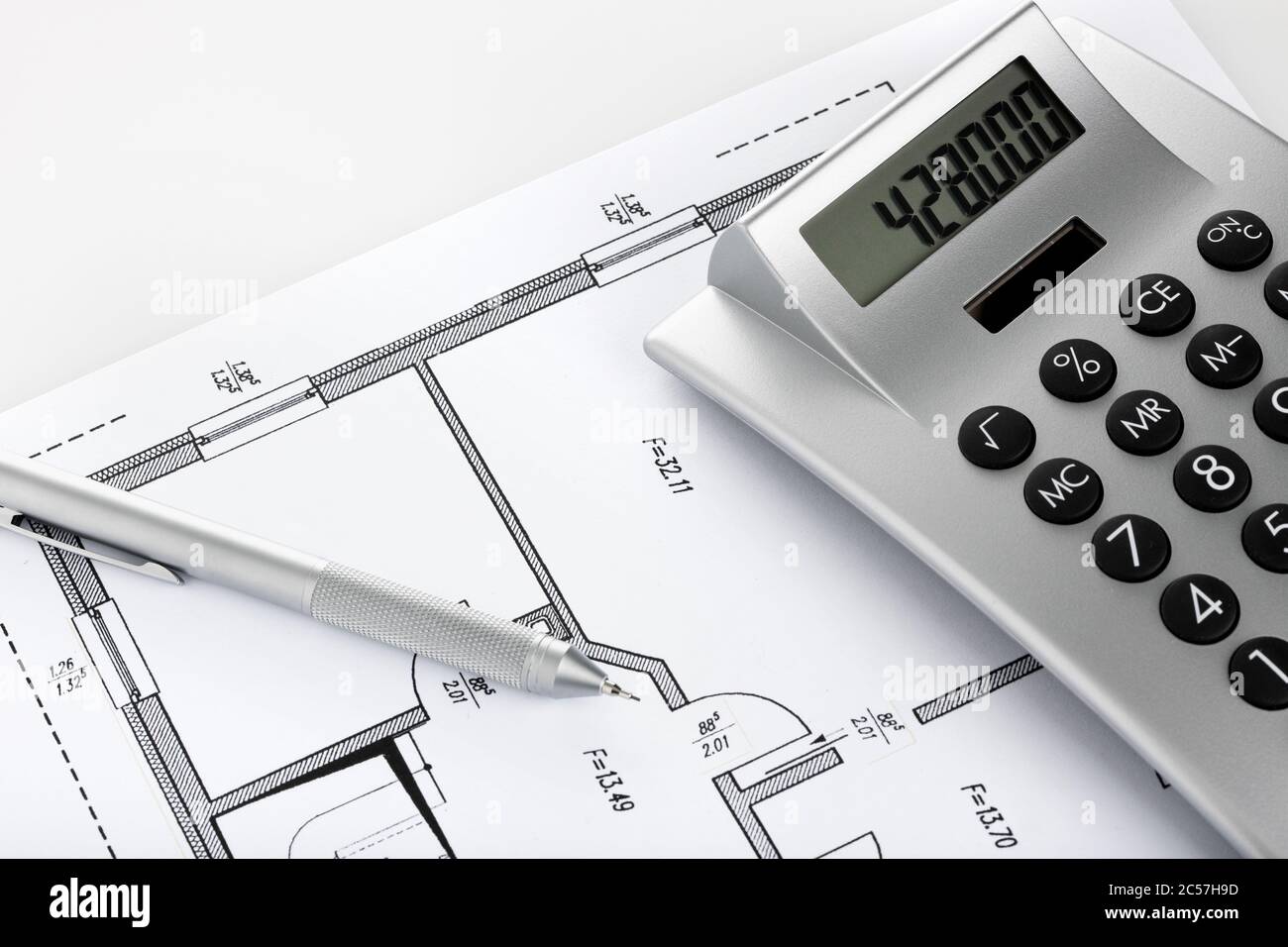 mechanical pencil and calculator on blueprint of floor plan Stock Photo ...