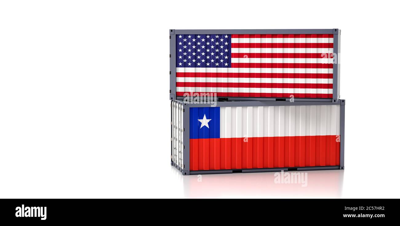 Two freight container with Chile and USA national flag. 3d rendering ...