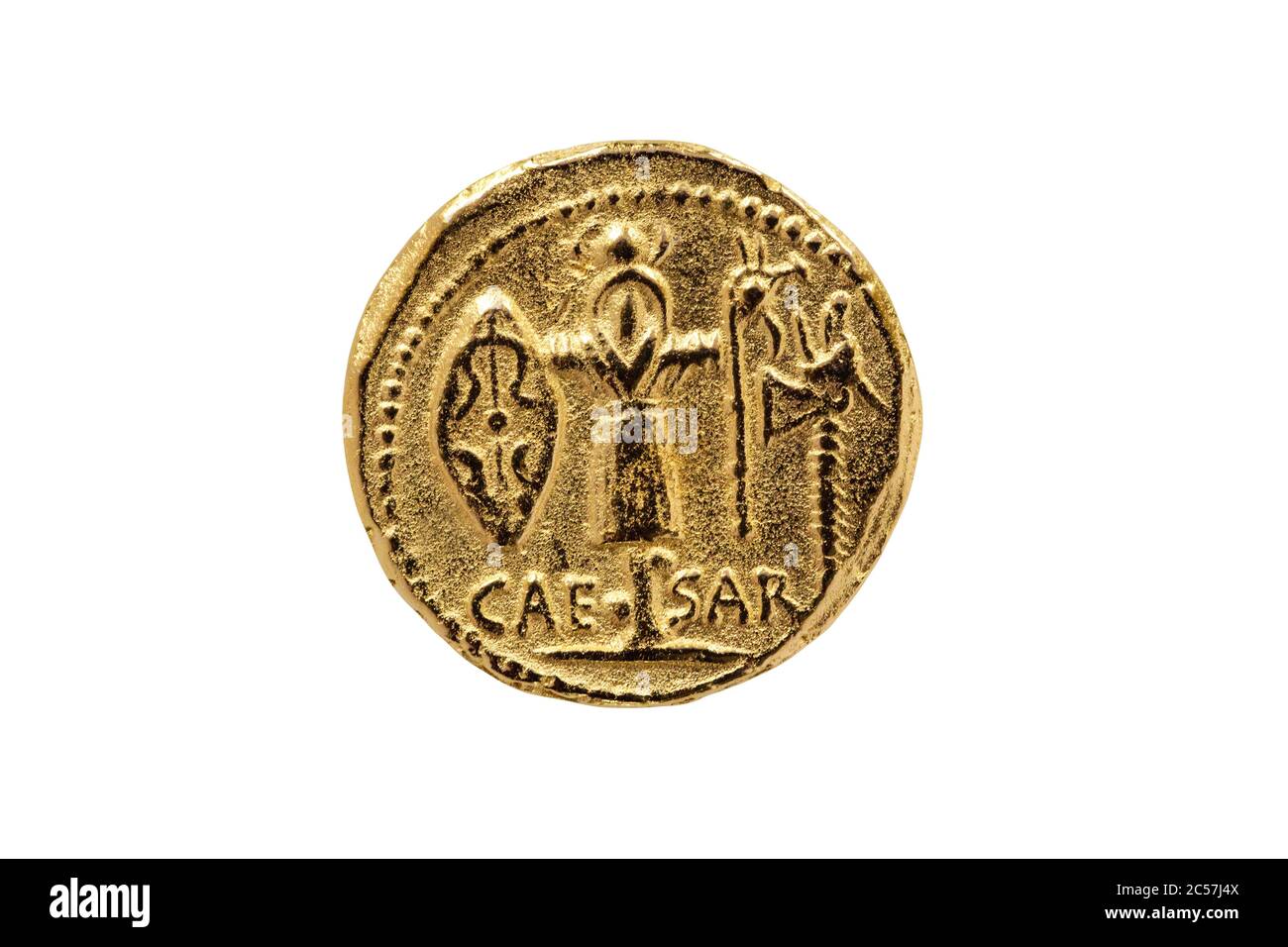 Reverse side of a Roman Aureus Gold Coin replica of Julius Caesar with ...