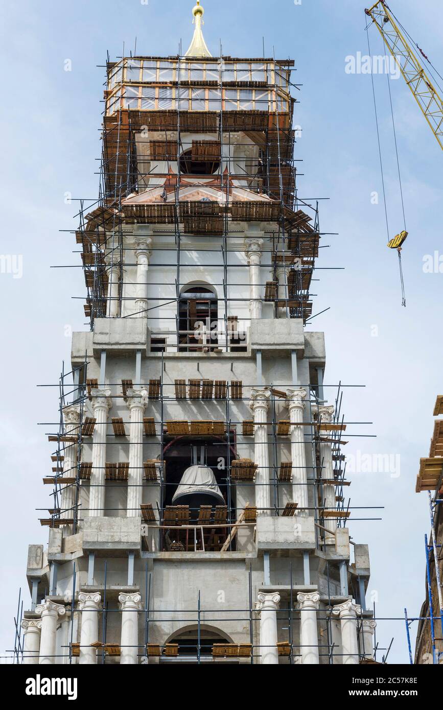 Scaffolding installed at old church building high level. The concept of ...