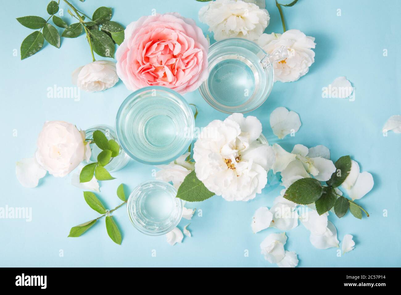Spring fresh white, pink roses distorted through liquid water of glass ...