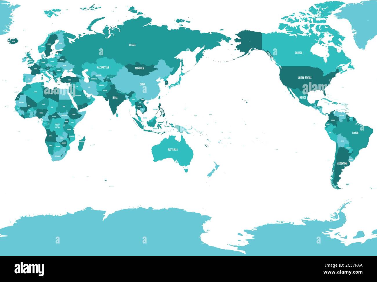 World map in four shades of turquoise blue on white background. High ...