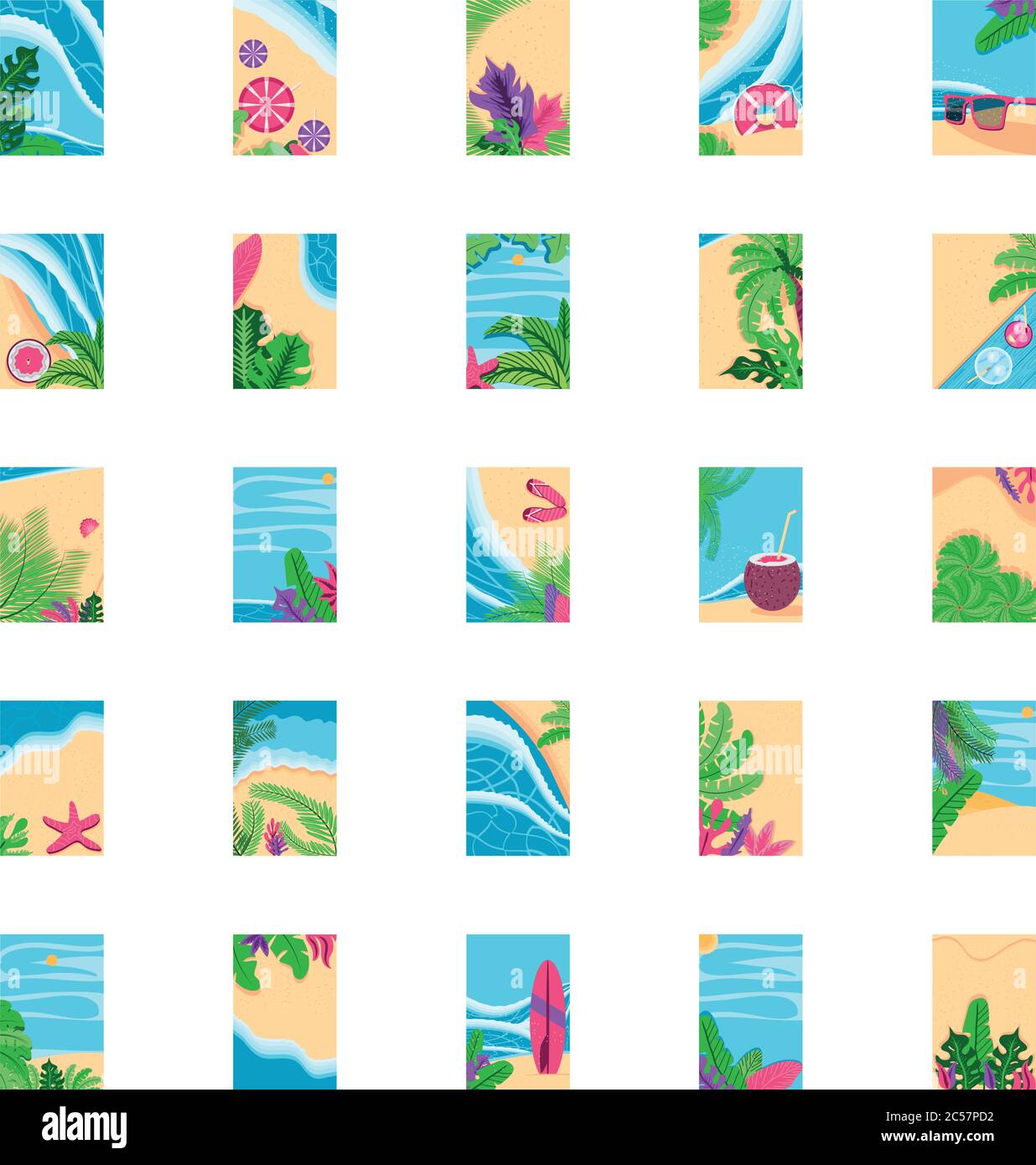 Summer backgrounds top view detailed style frames set design, vacation ...
