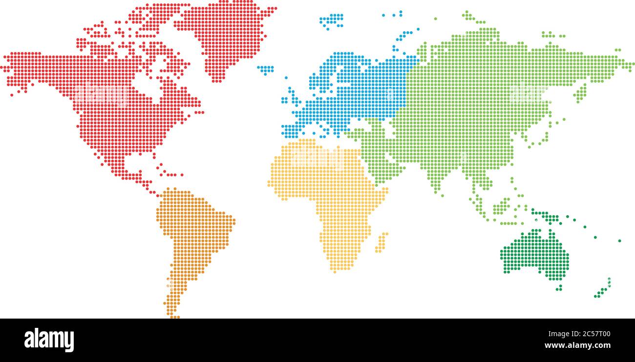 World map mosaic of small dots in defferent color for each continent ...