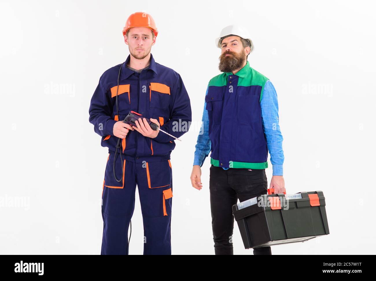 Men with drill and toolbox isolated on white background. Repair service ...