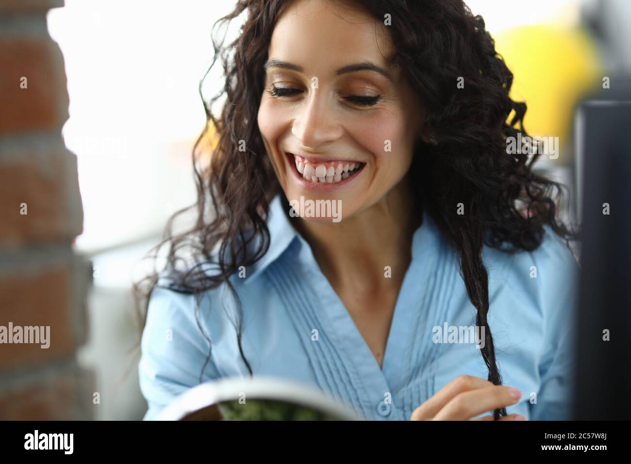 Joyful and happy lady in room Stock Photo - Alamy