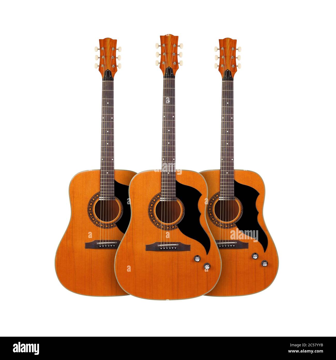 Musical instrument - Front view three classic vintage acoustic guitar ...