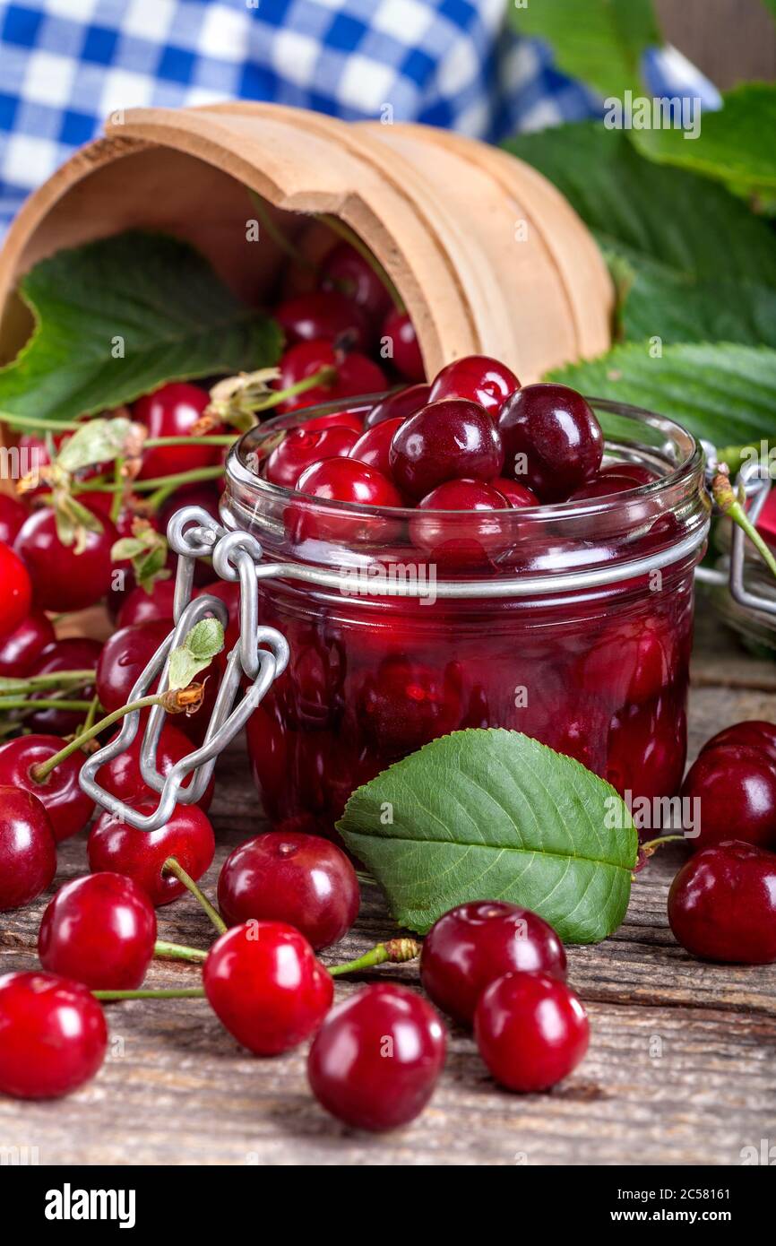 Healthy local organic cherries ready for canning. Close up, side view ...