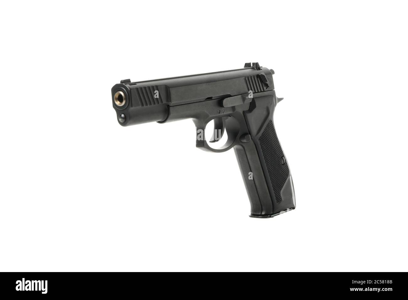 Black traumatic gun isolated on white background Stock Photo - Alamy