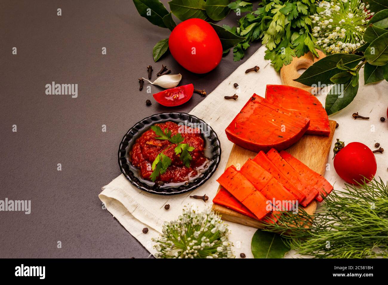 Dutch gouda pesto red cheese. Ripe tomatoes, fresh herbs, fragrant ...