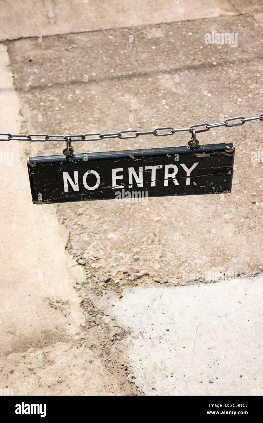 traditional old no entry sign on chain at middle port pottery Stock ...