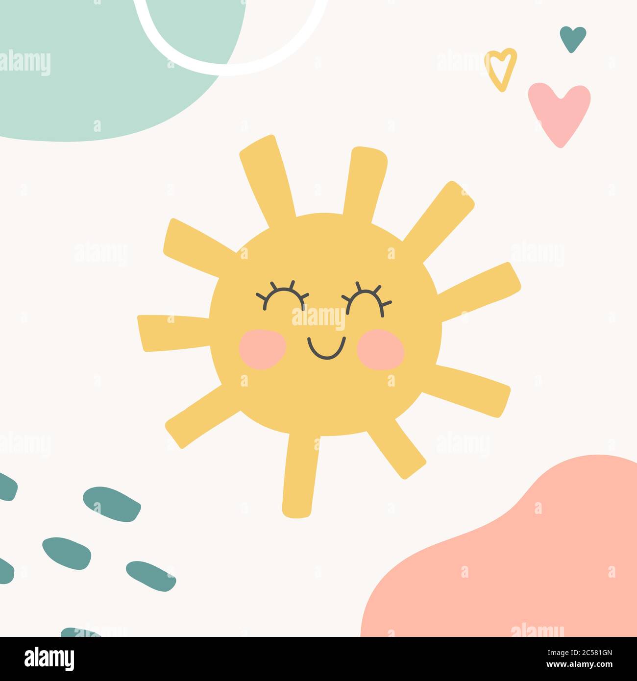 Kids nursery decoration with funny sun. Organic shapes cover design in ...
