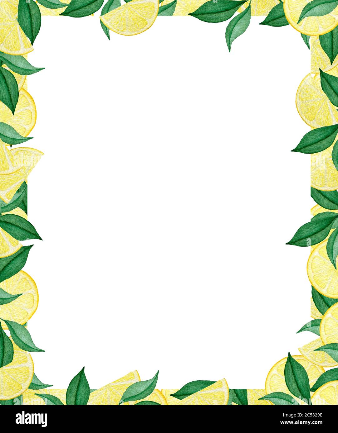frame with juicy lemon slices and green leaves, fruit watercolor ...