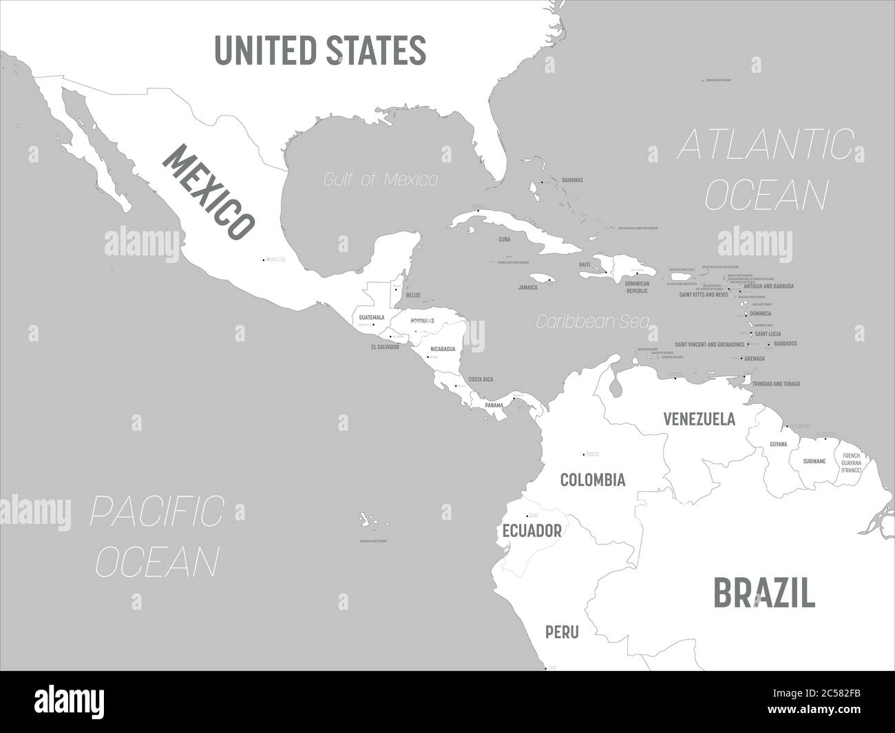 Central America map - white lands and grey water. High detailed ...