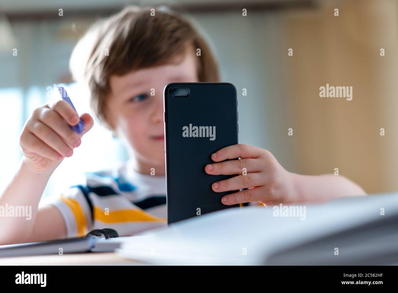 Back to school. Distance learning online education. Caucasian smile kid ...