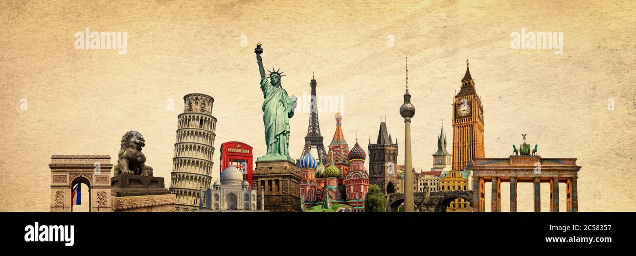 World landmarks and famous monuments collage isolated on panoramic ...