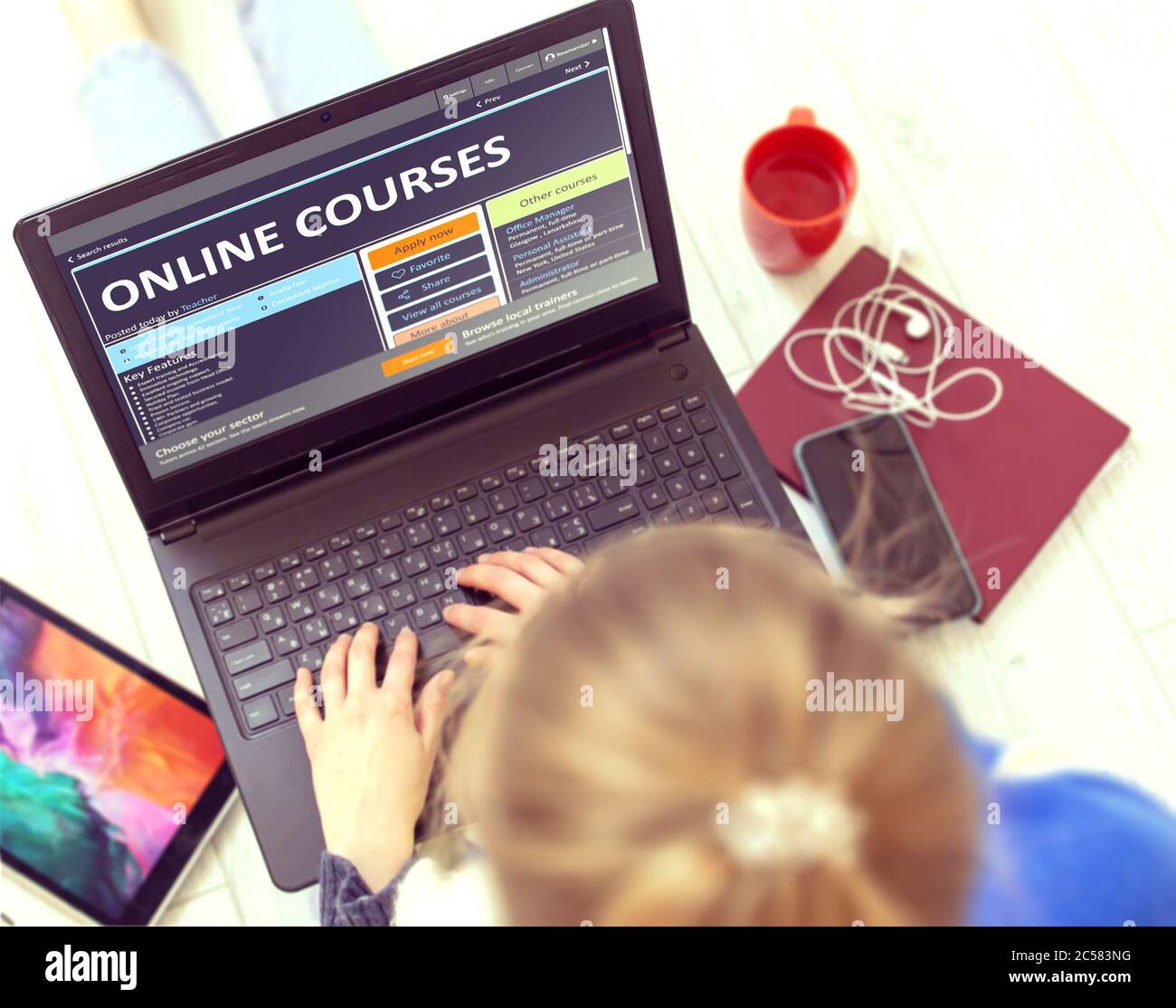 Online Courses. Girl Studying from Home on Modern Portable Laptop ...