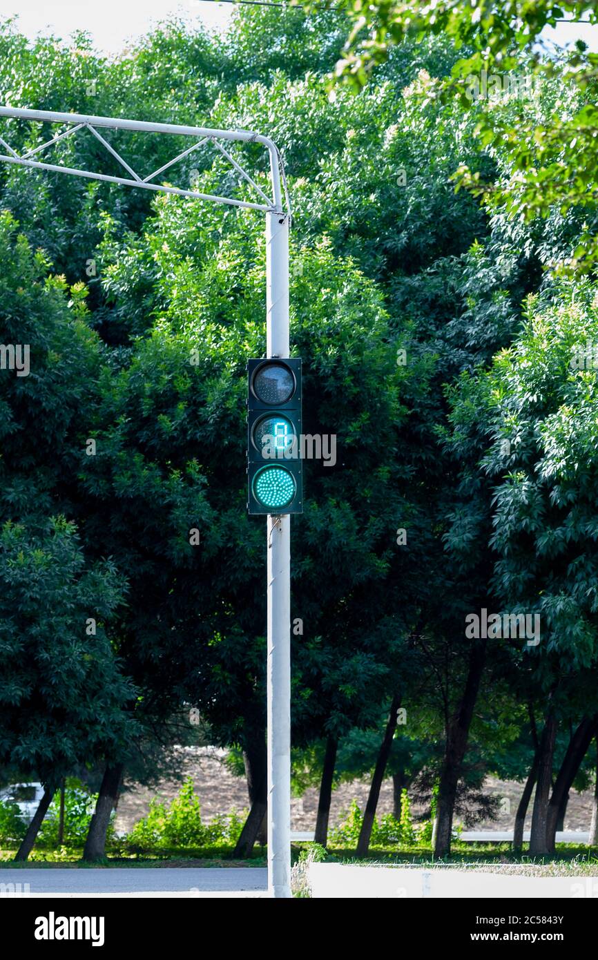 A green traffic light. Street light with stopwatch for drivers and ...