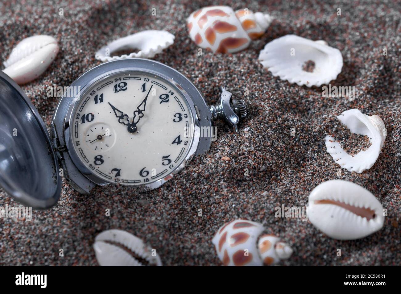 An old pocket watch lying in the sand surrounded by shells. Seashells ...