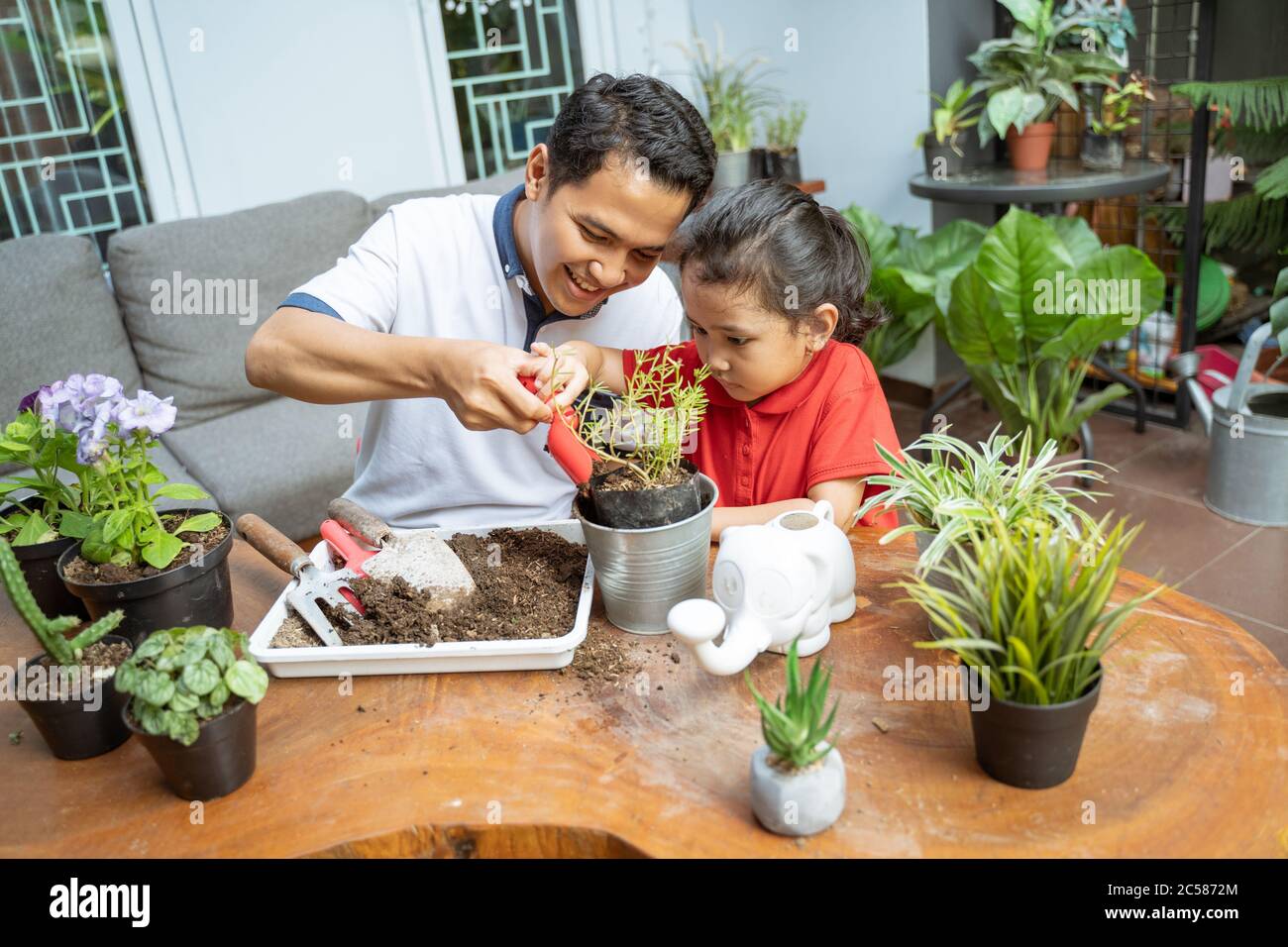 father and his daughters are planting potted plants while at home Stock ...
