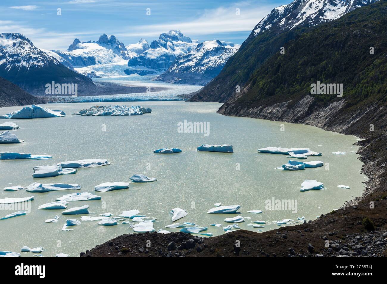 Glacial lake with small icebergs floating, Laguna San Rafael National ...