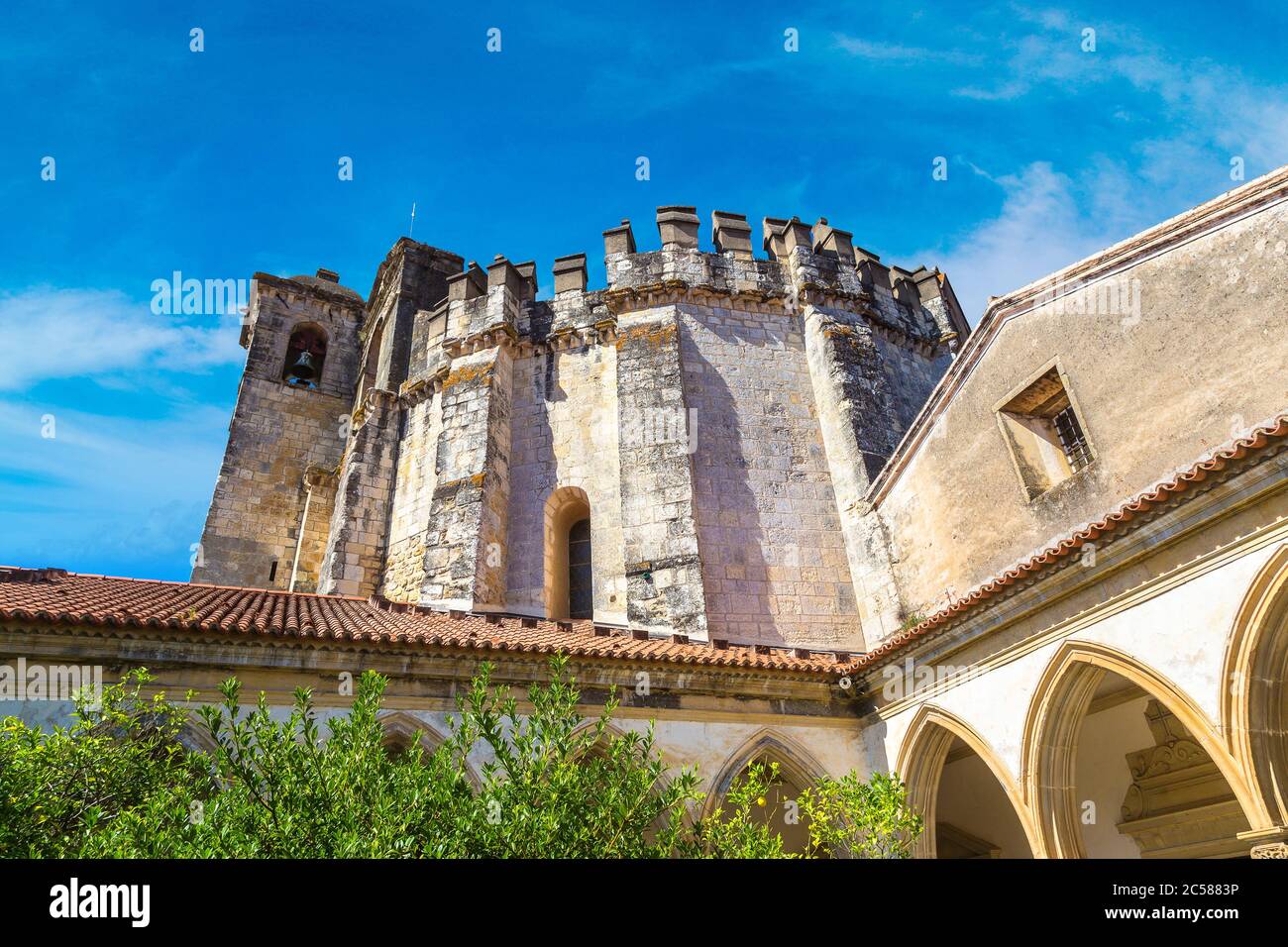 Central square of the inside medieval Templar castle in Tomar in a ...