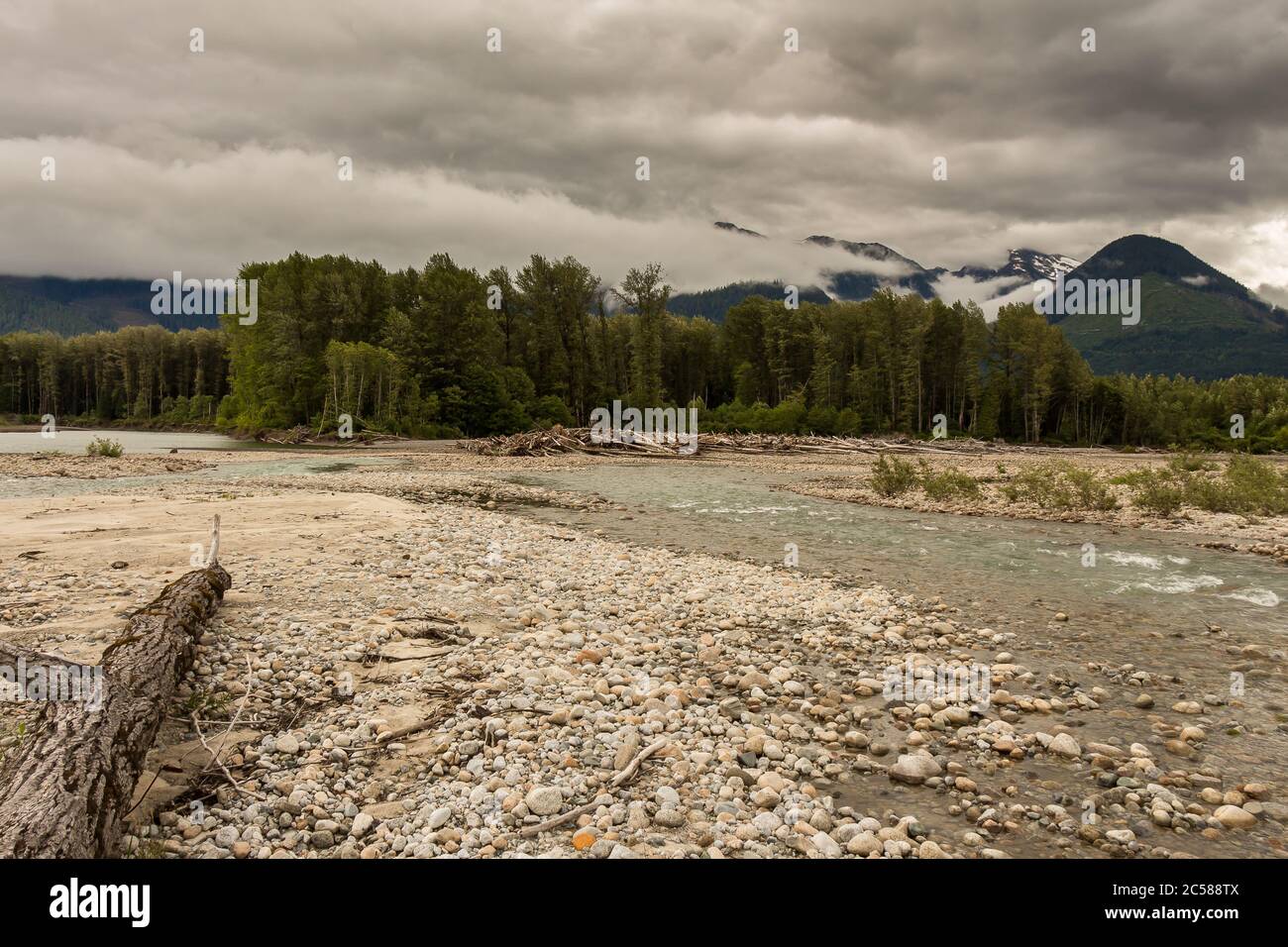 Braided Shames River as it flows into the Skeena River on an overcast ...