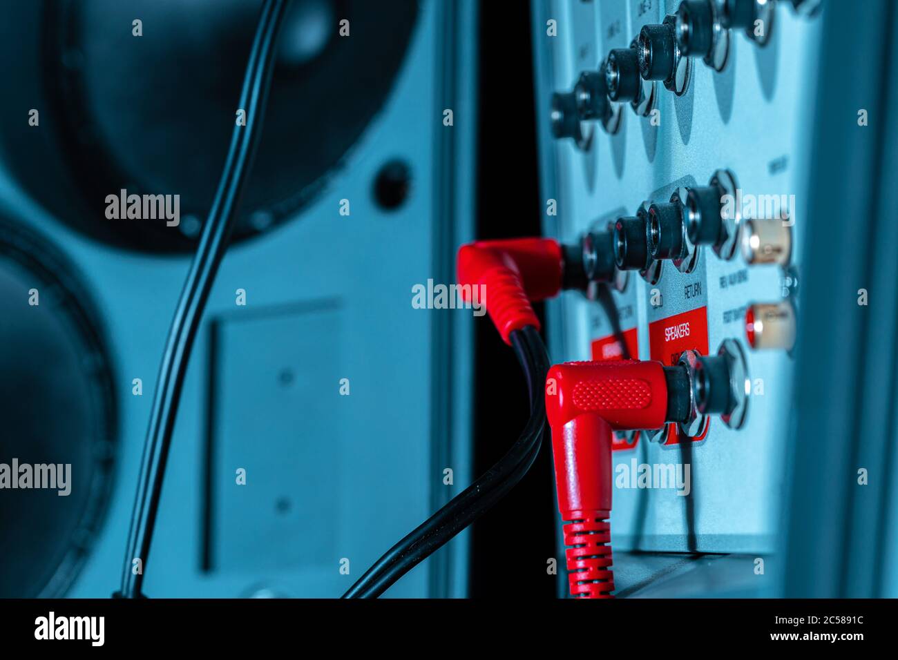 Rear panel of music system amplifier with wires Stock Photo - Alamy