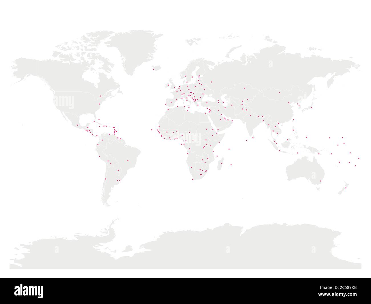 Vector political map of World with capital cities marked as pink dots ...