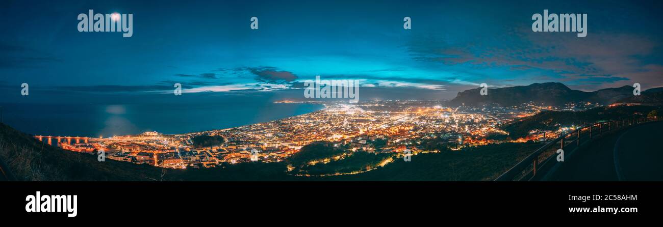 Terracina, Italy. Top View Skyline Cityscape City In Evening Night ...