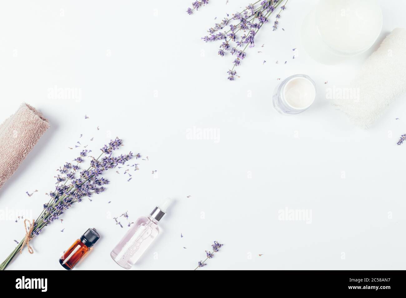 Natural organic cosmetics flat lay frame creams, lotion, aromatic oil ...