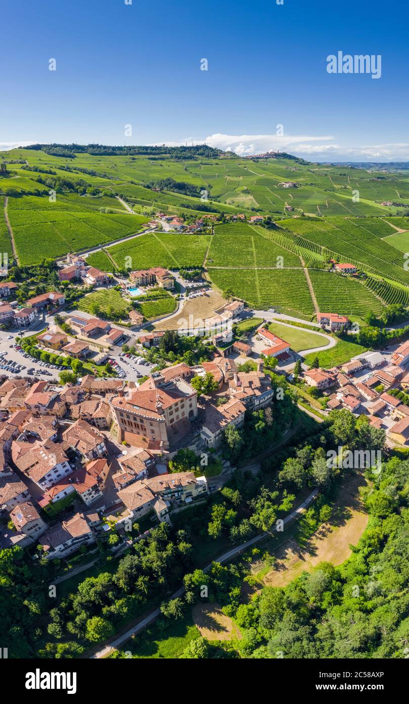 Aerial view of the typical town of Barolo and its castle Castello ...
