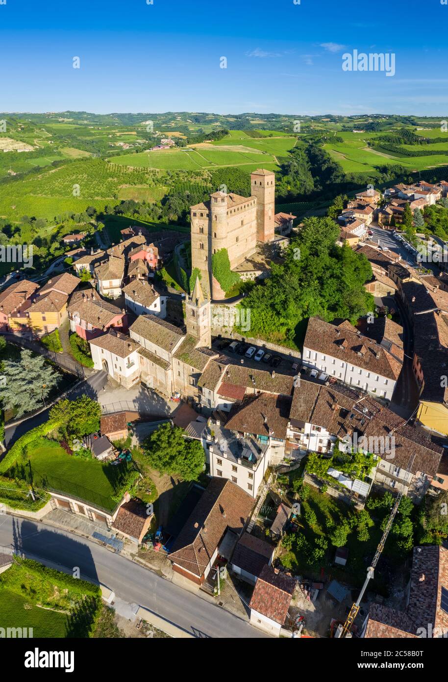 Aerial view of the medieval town of Serralunga d'Alba and its castle ...