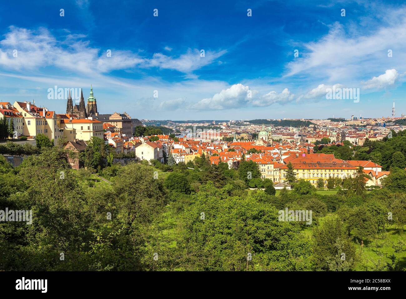 Panoramic aerial view of Old Town square in Prague in a beautiful ...