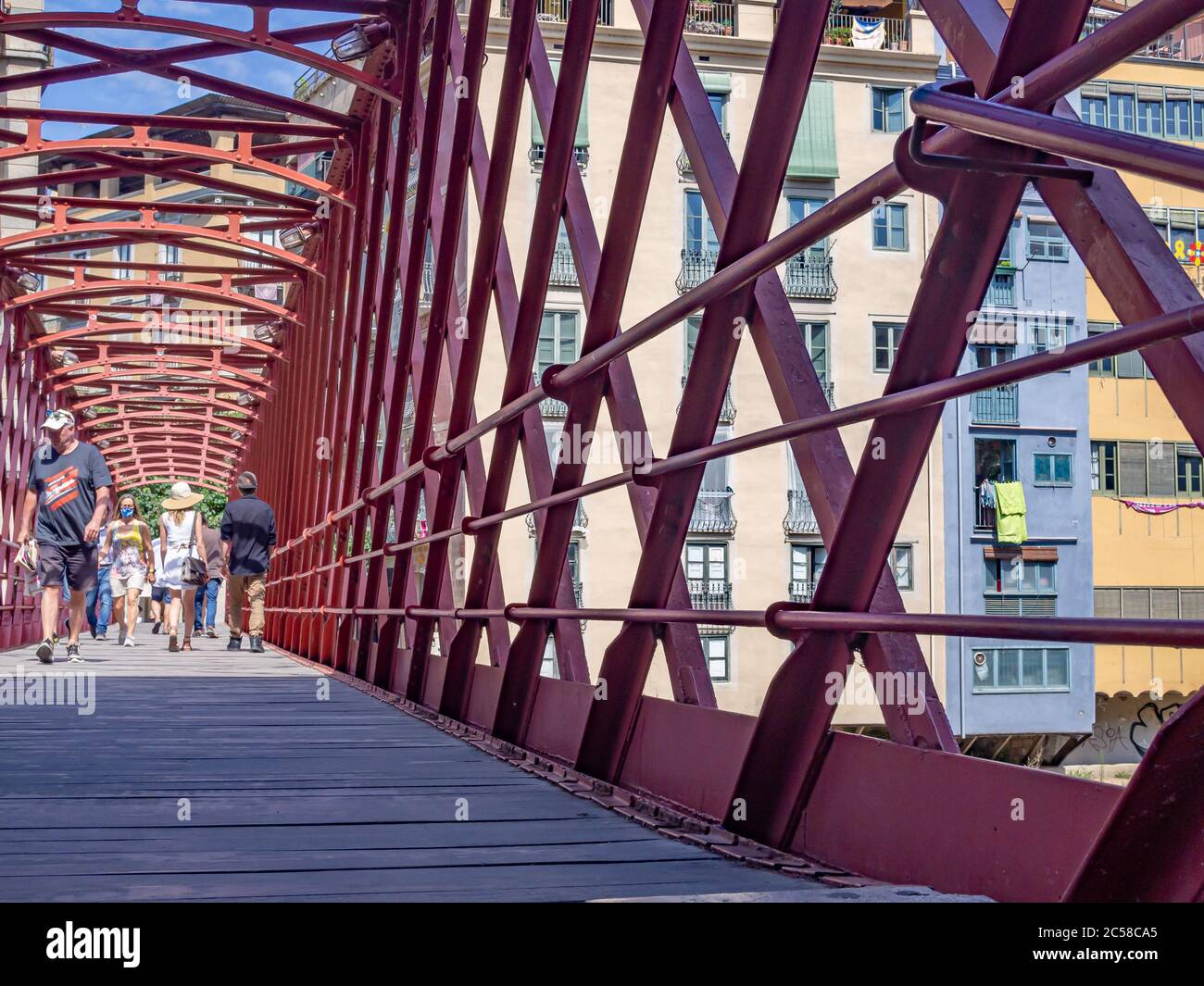 GIRONA SPAIN-JUNE 27, 2020: Inside of the red iron Eiffel bridge over ...
