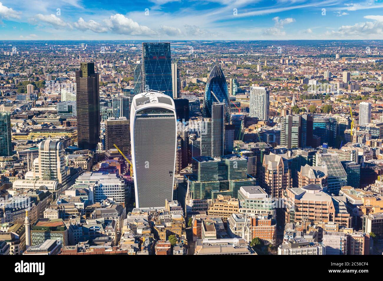 Panoramic aerial view of London, skyscrapers in the financial district ...