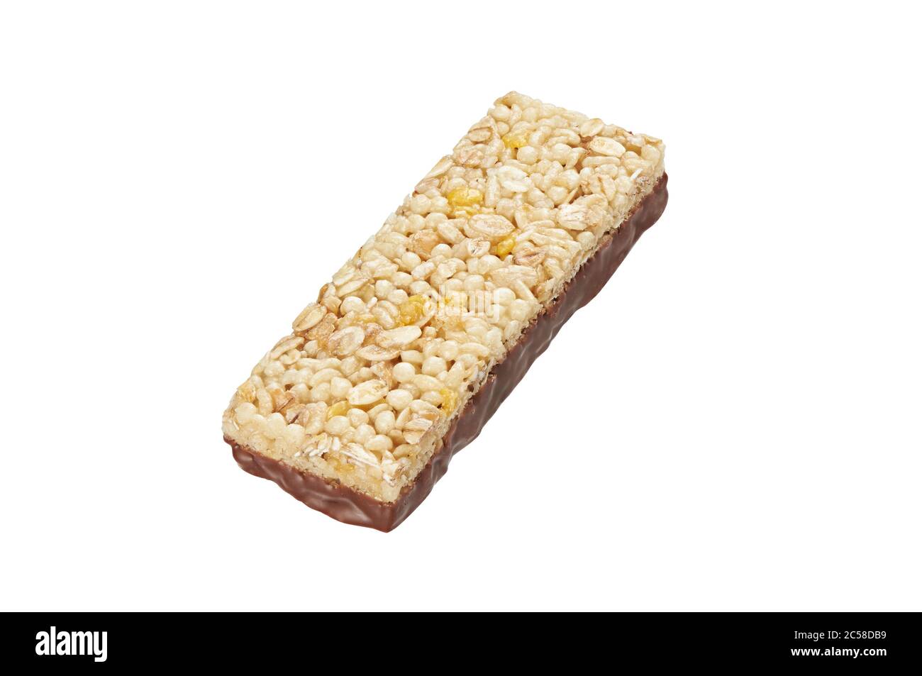 muesli cereal bar with chocolate isolated on white background Stock ...