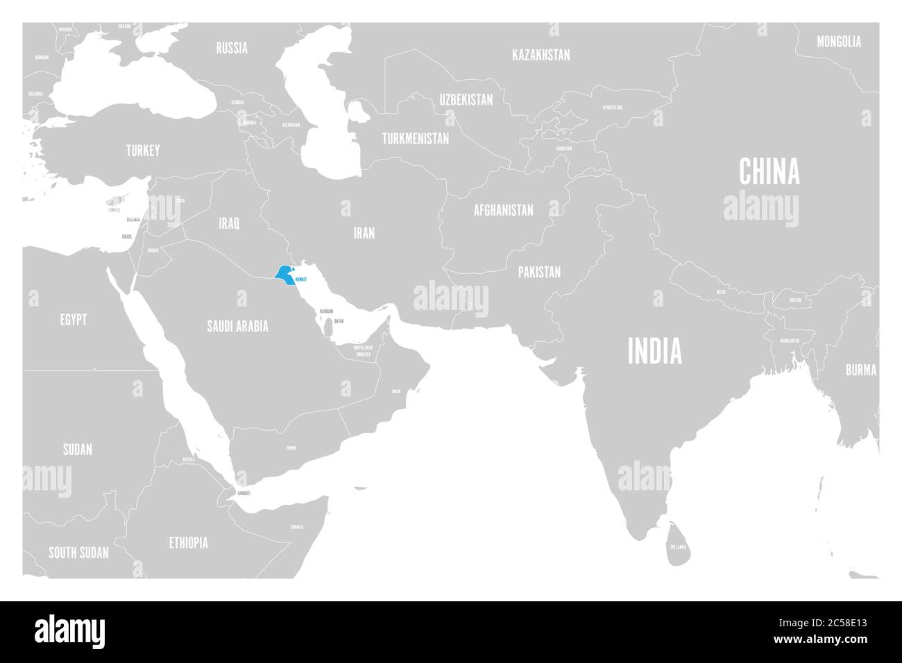 Kuwait blue marked in political map of South Asia and Middle East ...