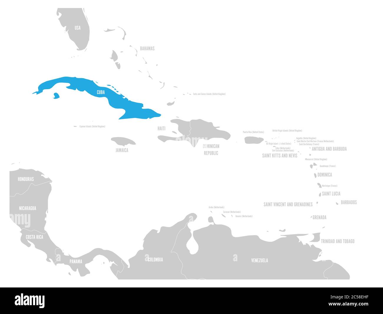Cuba blue marked in the map of Caribbean. Vector illustration Stock ...