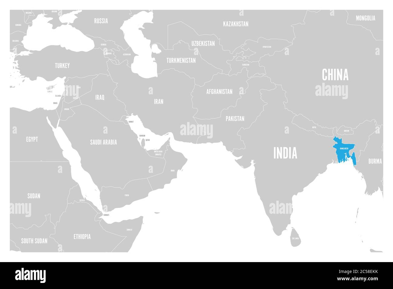 Bangladesh blue marked in political map of South Asia and Middle East ...