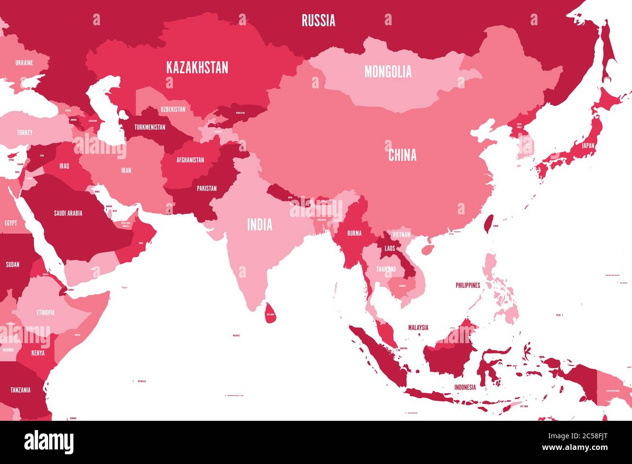 Political map of western, southern and eastern Asia in shades of maroon ...