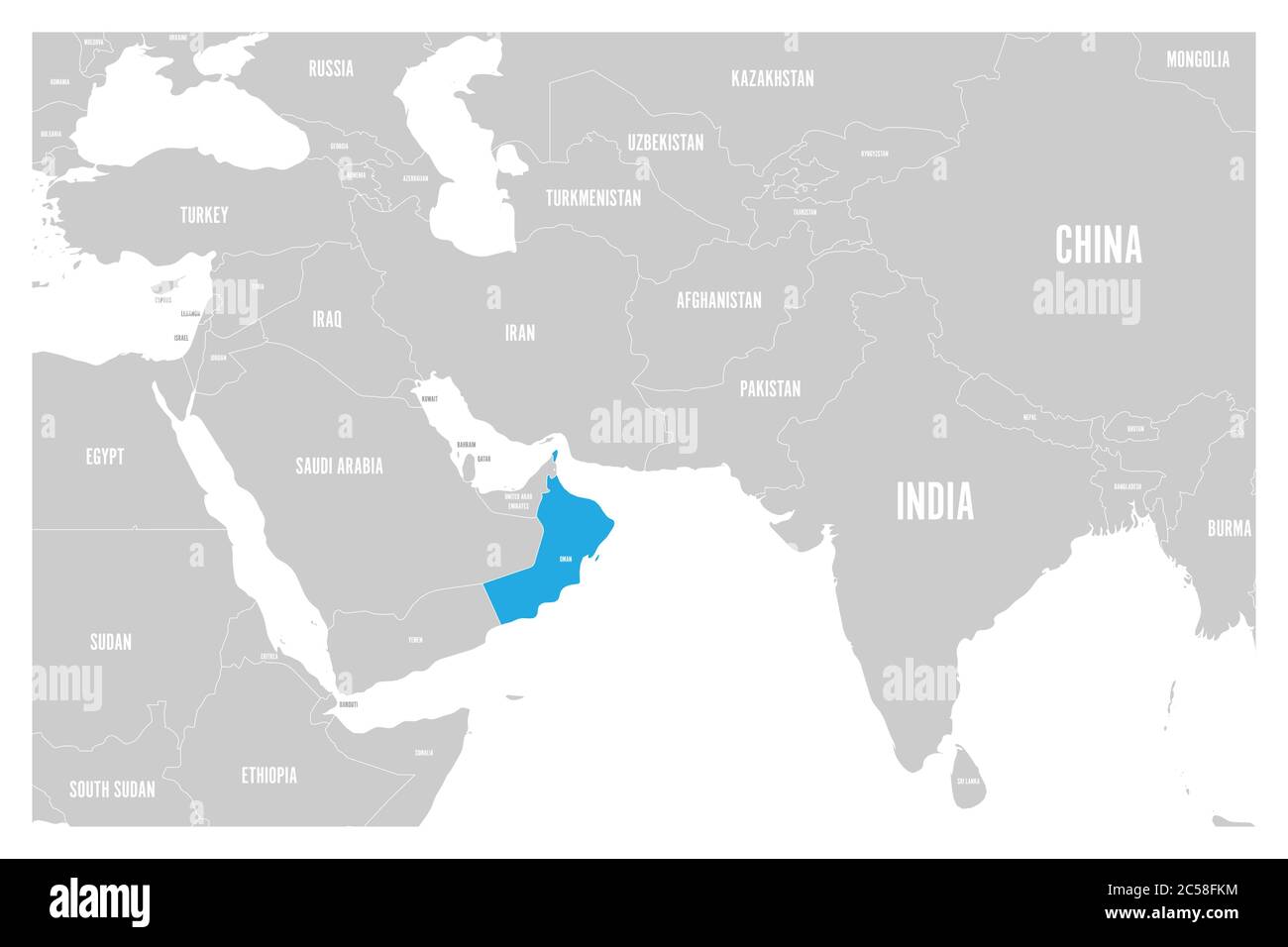 Oman blue marked in political map of South Asia and Middle East. Simple ...