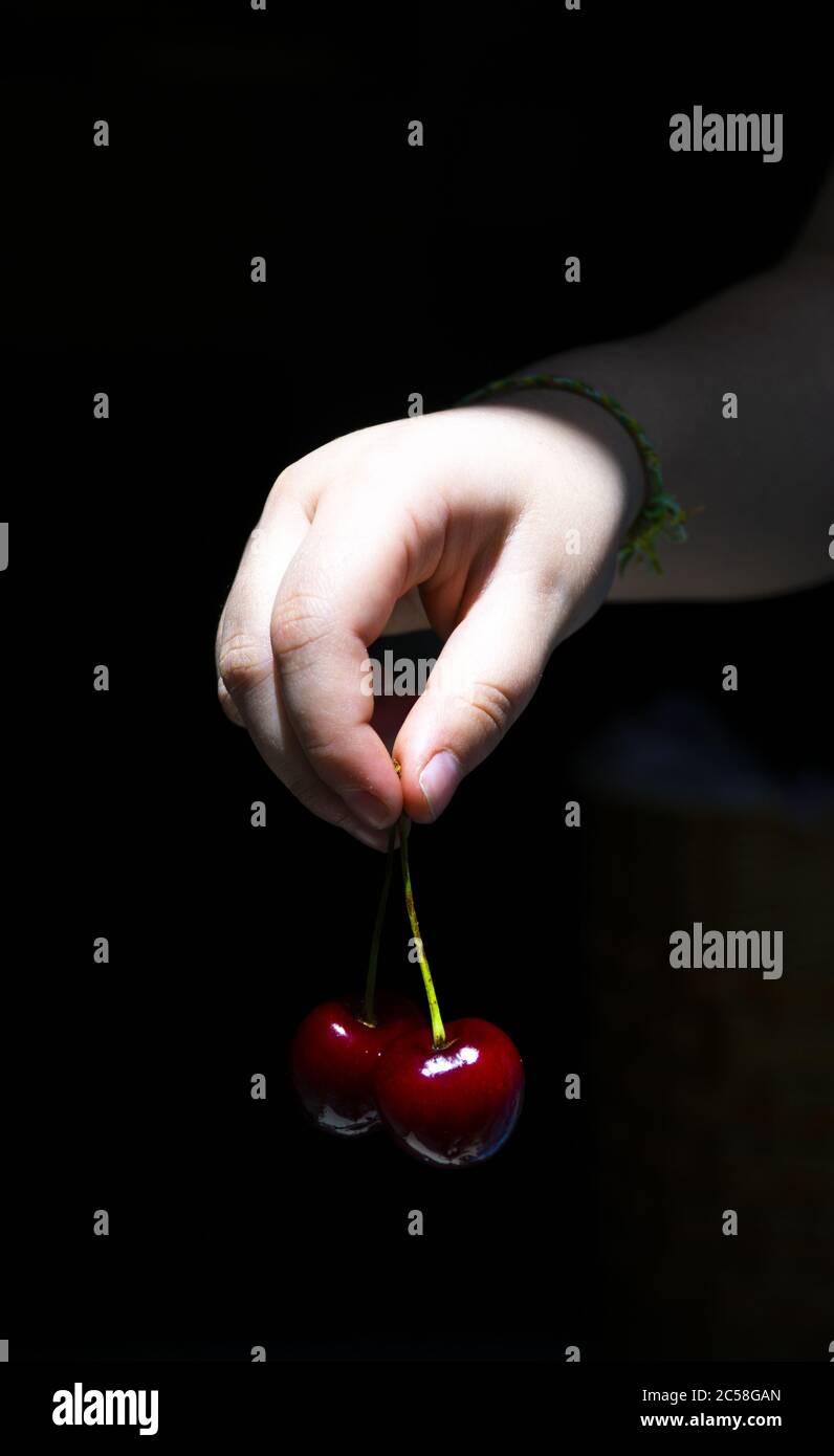 Closeup shot of a human hand holding two cherries under a light Stock ...