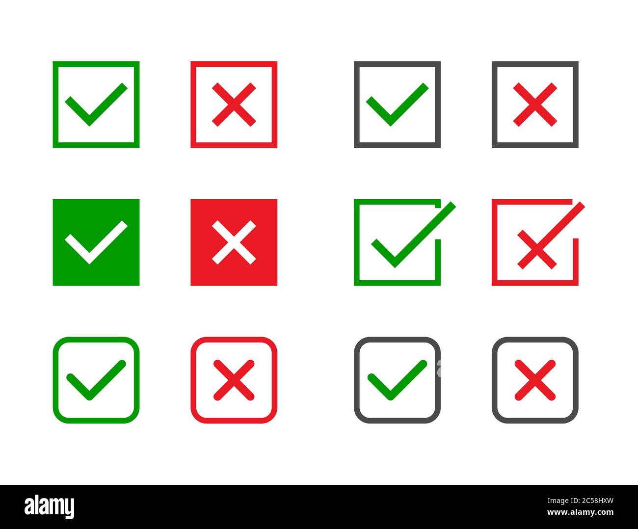 Check marks set. Green tick and red cross in different shapes. YES or ...