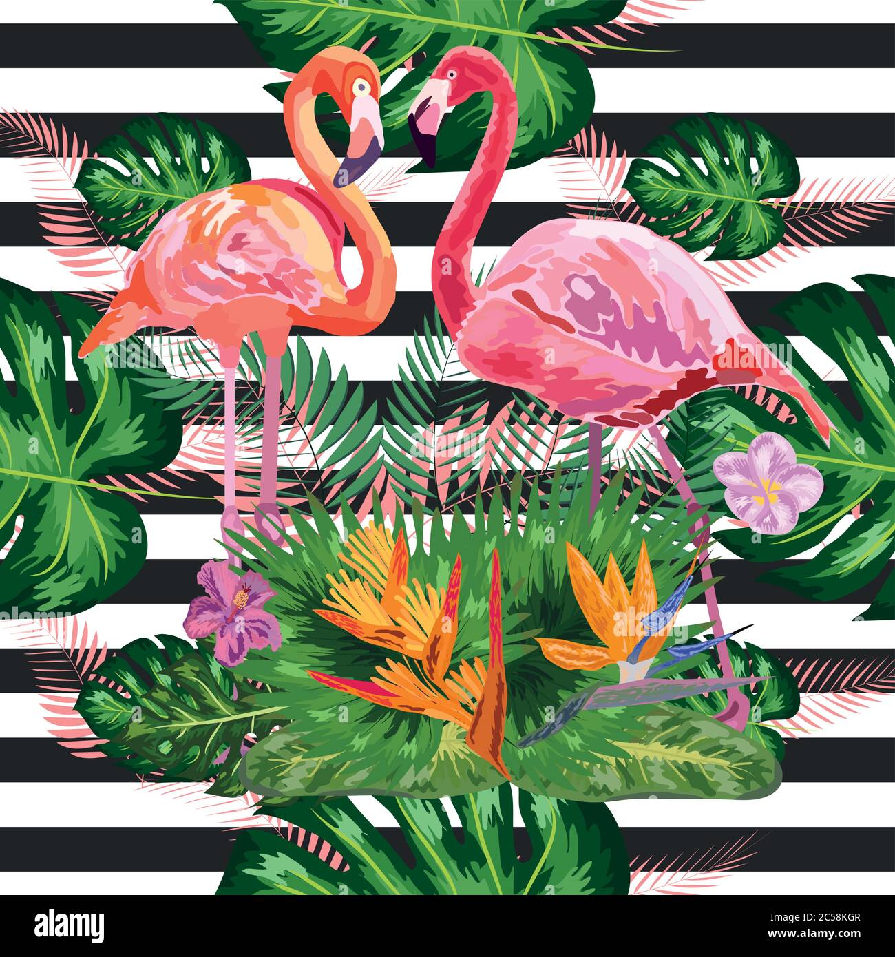 Seamless pattern with dark blue grunge stripes and pink flamingo. Pink ...