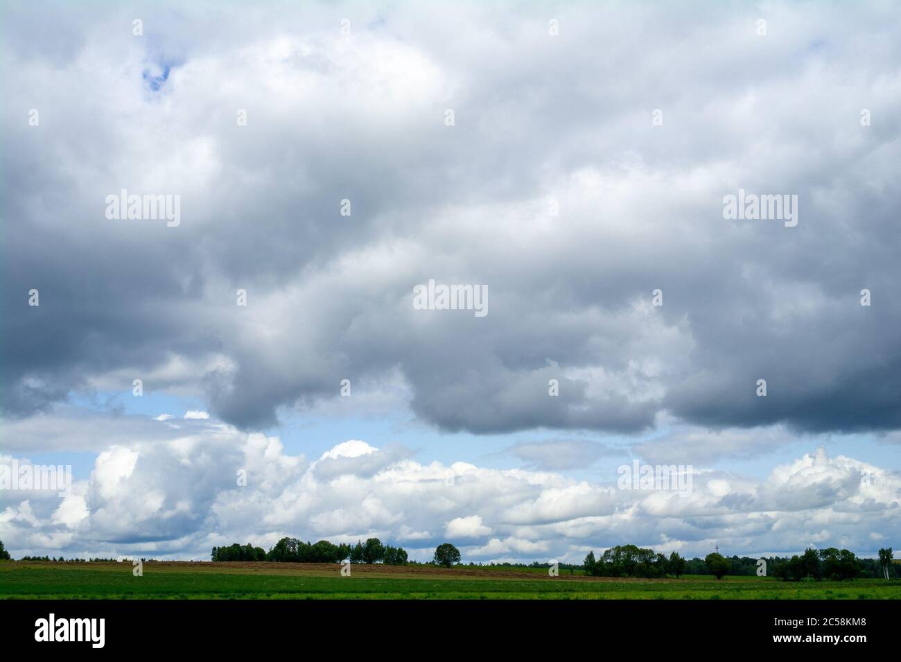 Landscape with clouds over fields and a forest in the distance Stock ...