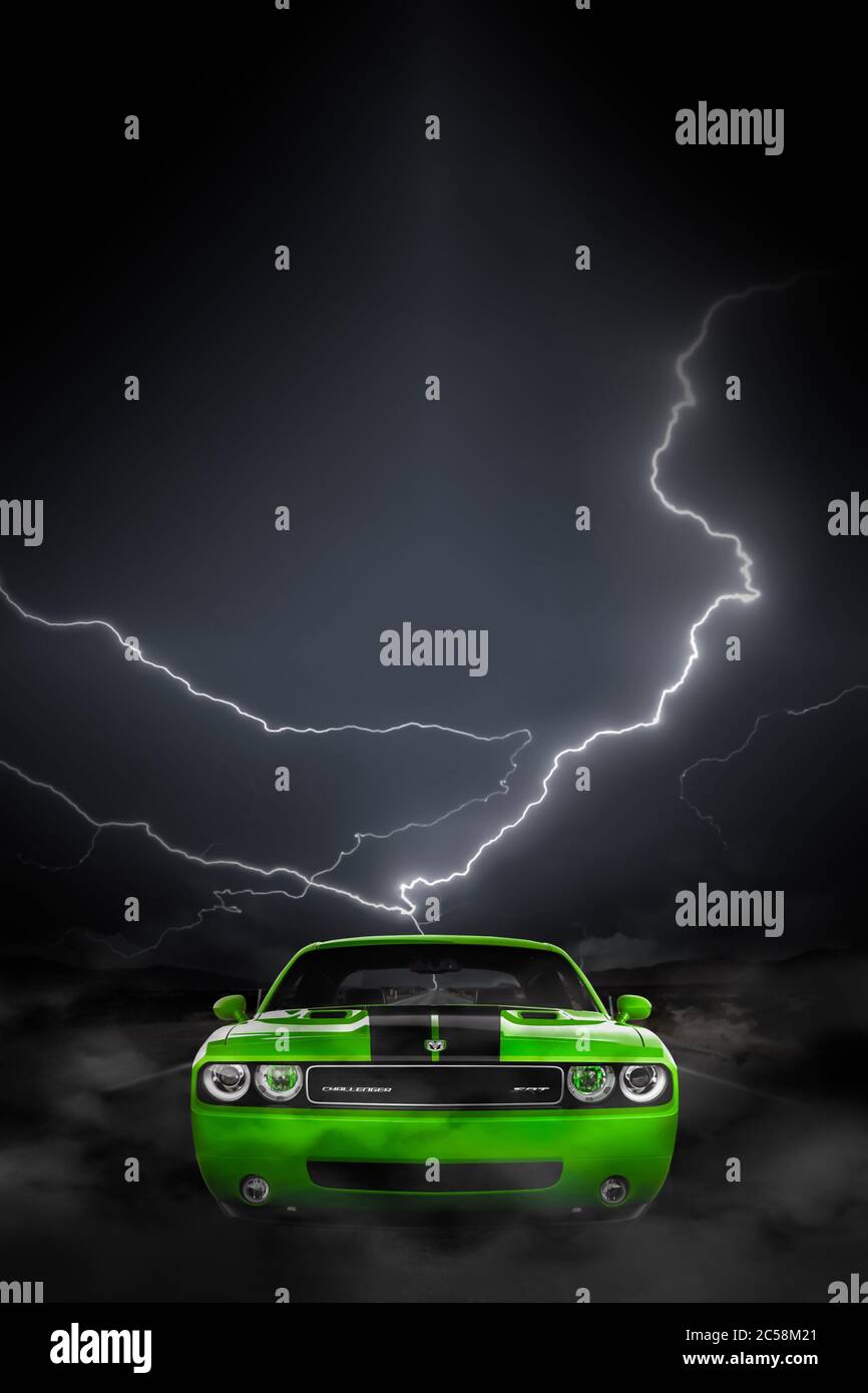 Composite image of a Dodge Challenger SRT on a road in the Nevada ...