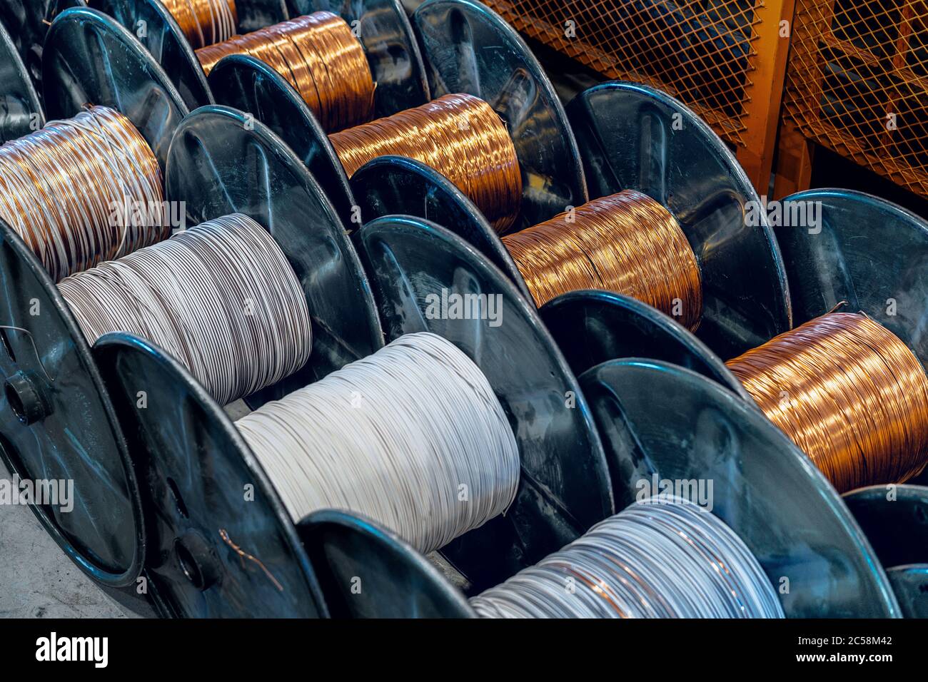 Production of copper wire, cable in reels at factory. Cable factory ...
