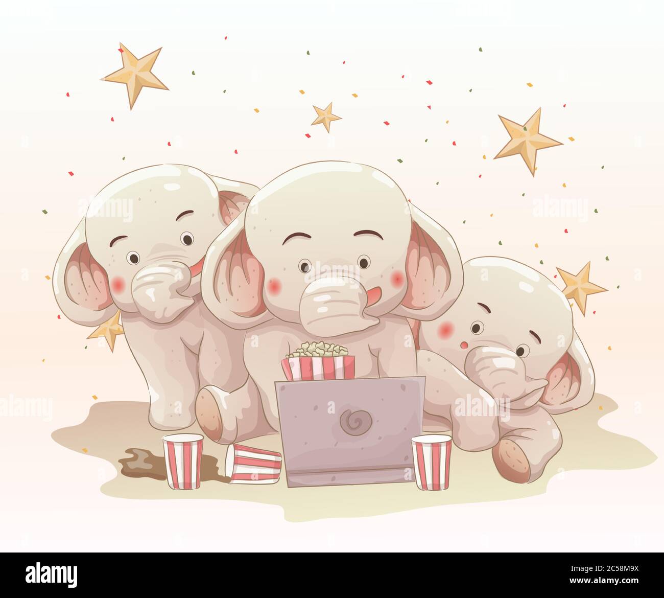 three cute elephants watching movie together on laptop. vector cartoon ...